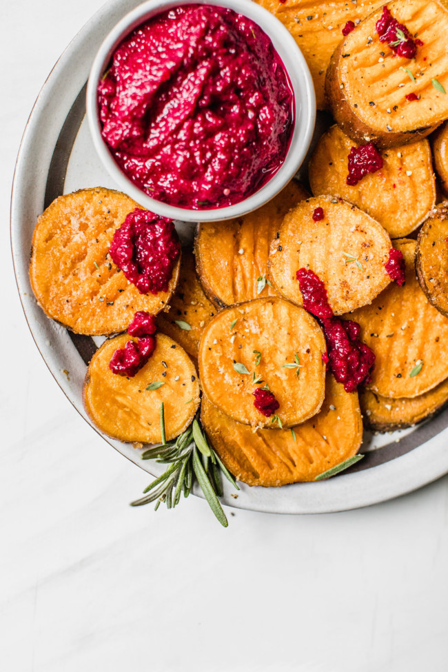 Smashed Sweet Potatoes + Beet Garlic Aioli - The Toasted Pine Nut